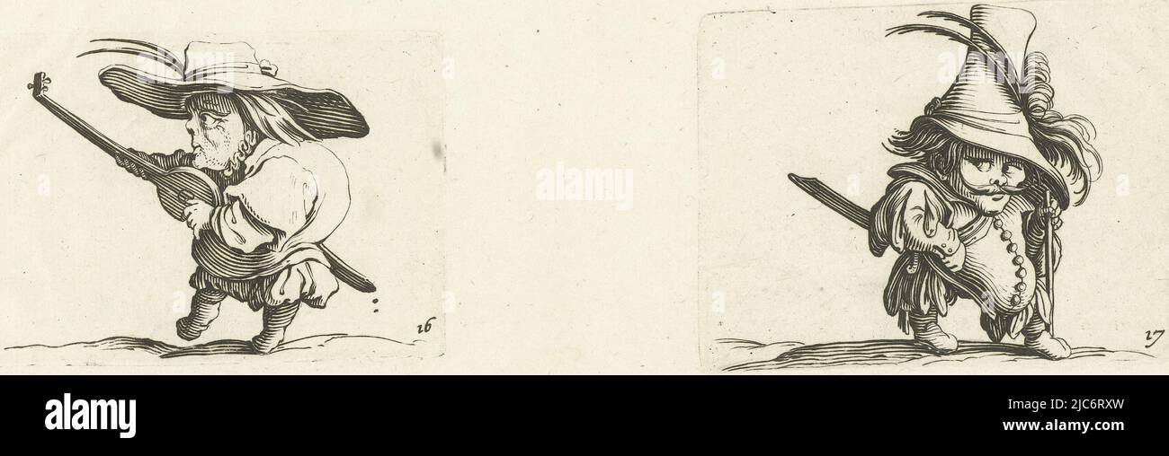 Left: dwarf, seen on left side, with hunchback, playing a lute, hat ...