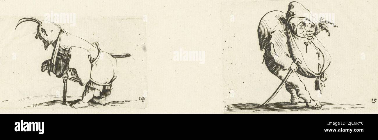 Left: dwarf, seen on left side, resting on a stool, hood with two ...