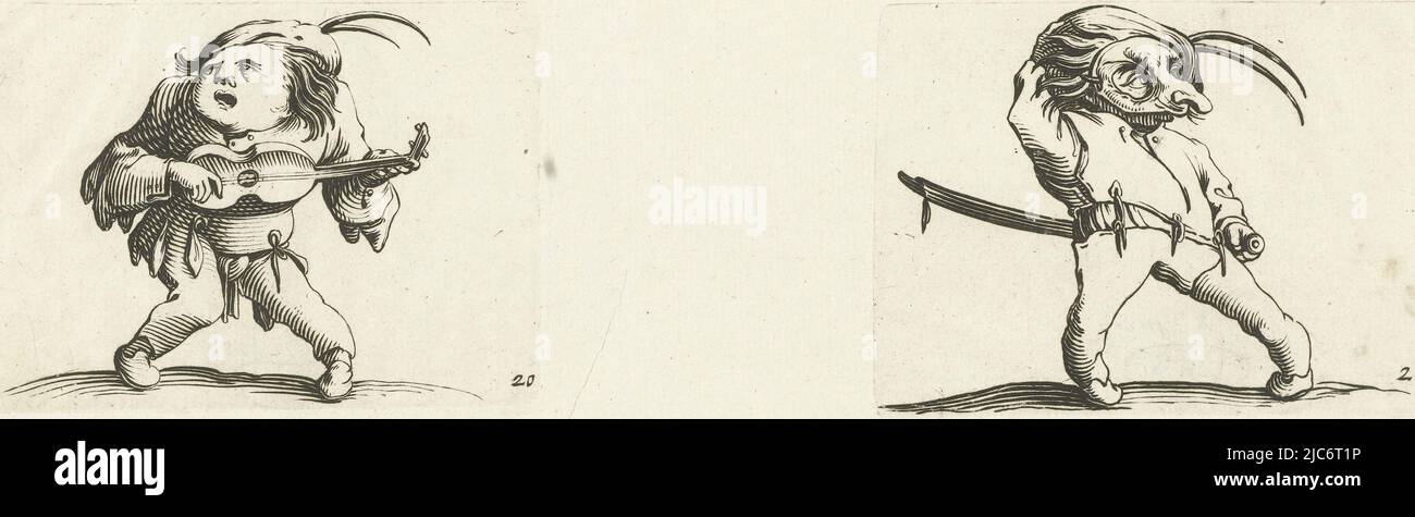 Left: dwarf, seen from the front, playing a guitar, a hat with two ...