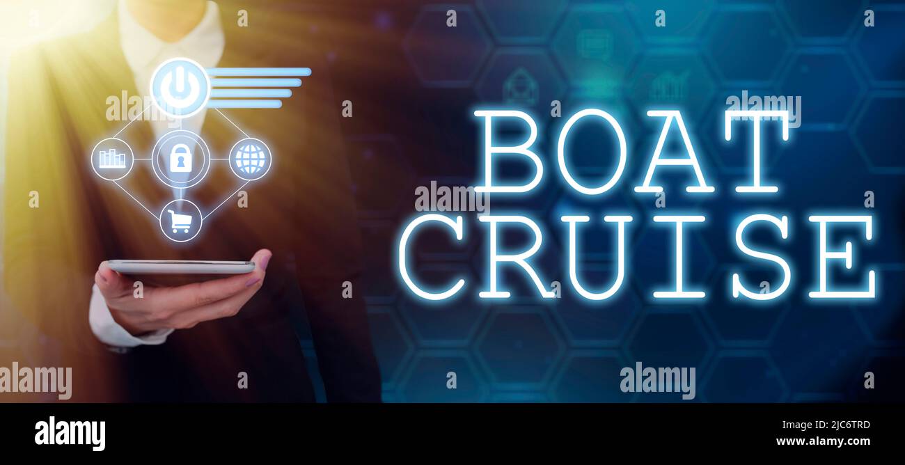 Writing displaying text Boat Cruise. Word for sail about in area ...