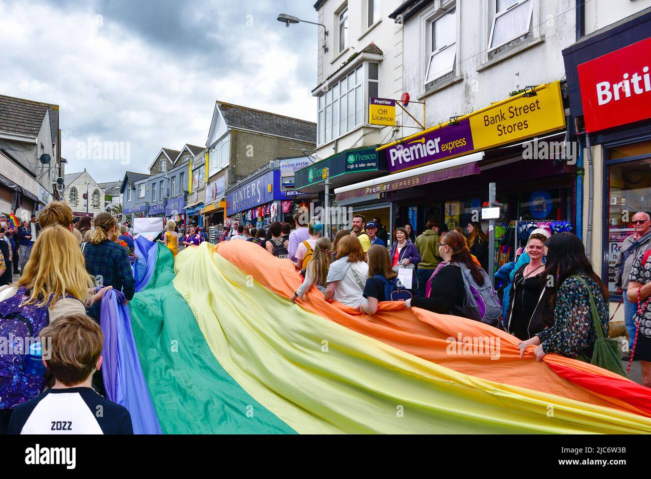 Participants in the Cornwall Prides Pride parade in Newquay Town centre ...