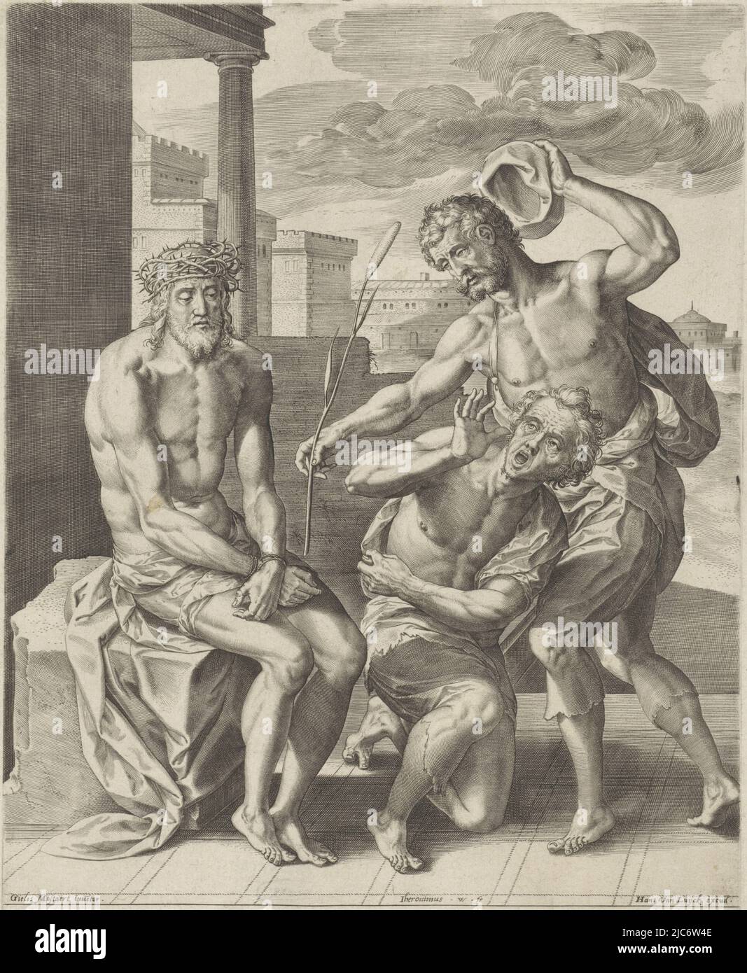 Christ is being mocked by two men. One of them holds a reed in his hand. Christ is seated on a ...
