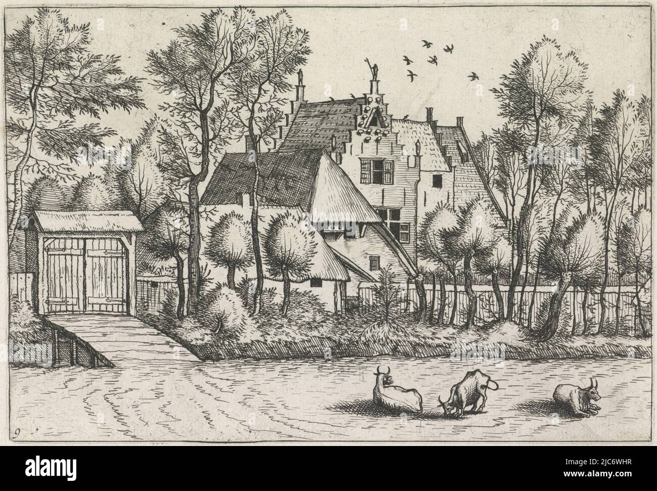 A country house with a ditch in front. On the left a gate and in the ...