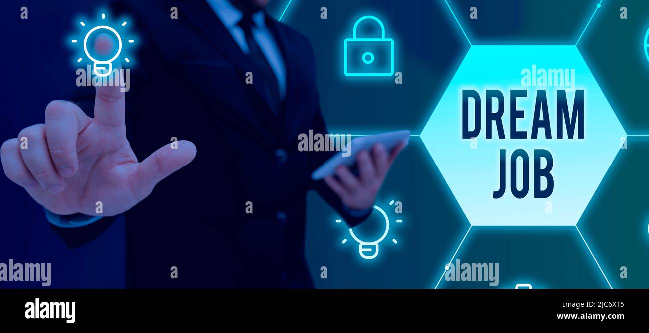 Text sign showing Dream Job. Conceptual photo An act that is paid of by ...