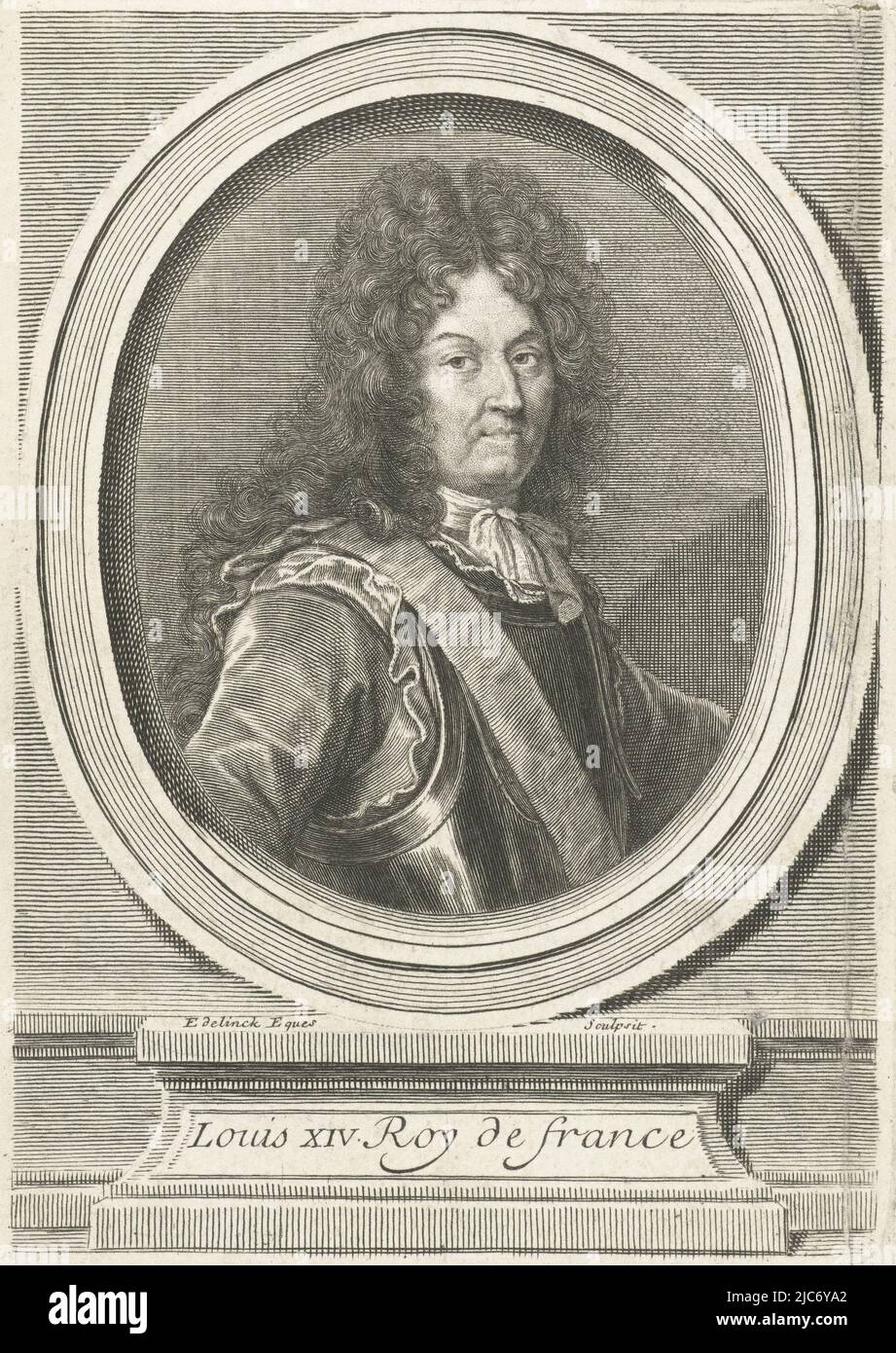 Bust portrait of French king Louis XIV (1638-1715), shown in oval frame ...
