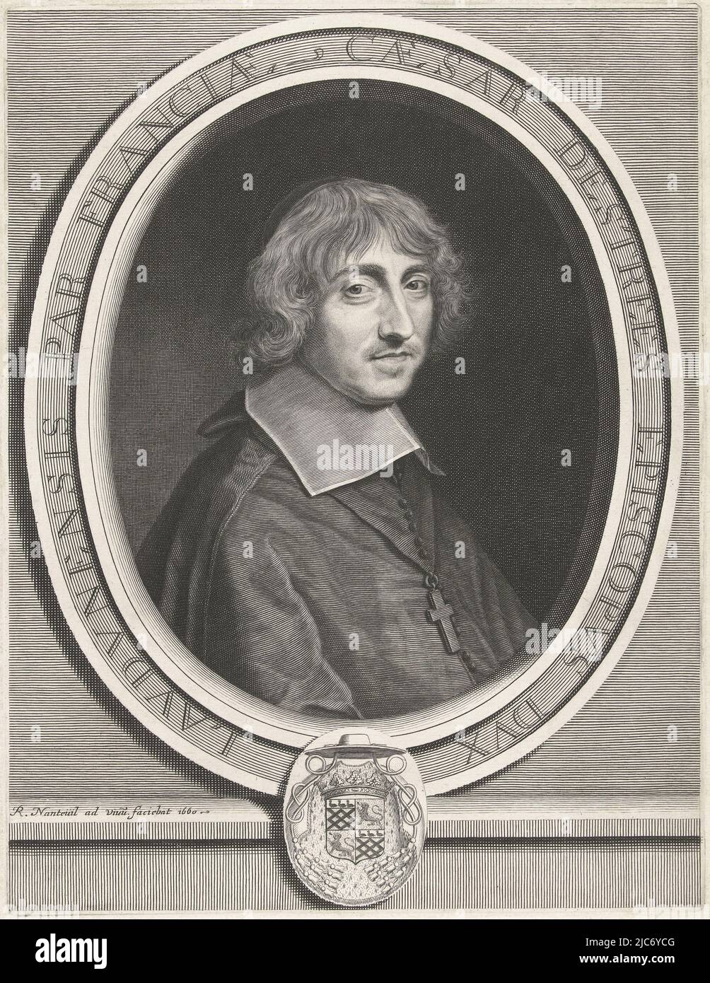 Portrait of Cesar, Cardinal of Estée, in an oval frame with text. Below ...