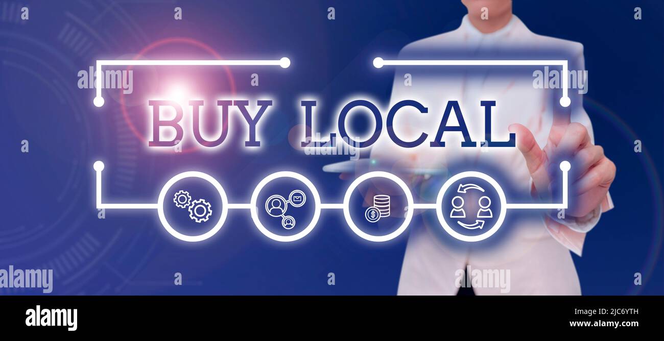 Hand writing sign Buy Local. Business overview Patronizing products ...