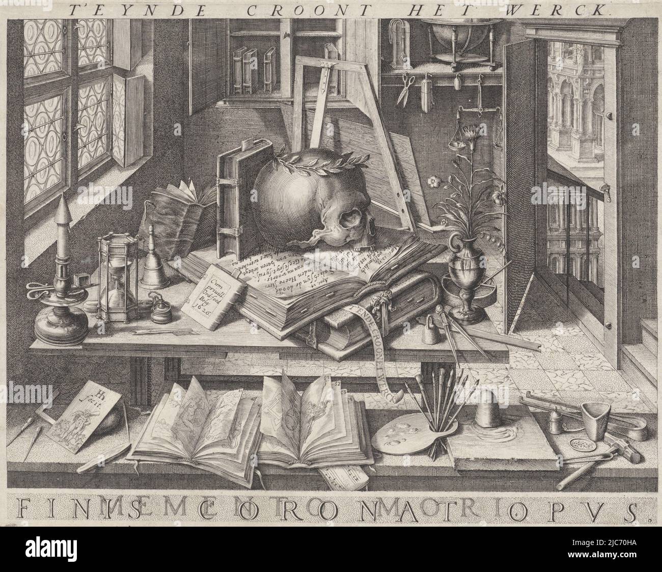 Allegory of transience. Vanitas still life with a skull crowned with a ...