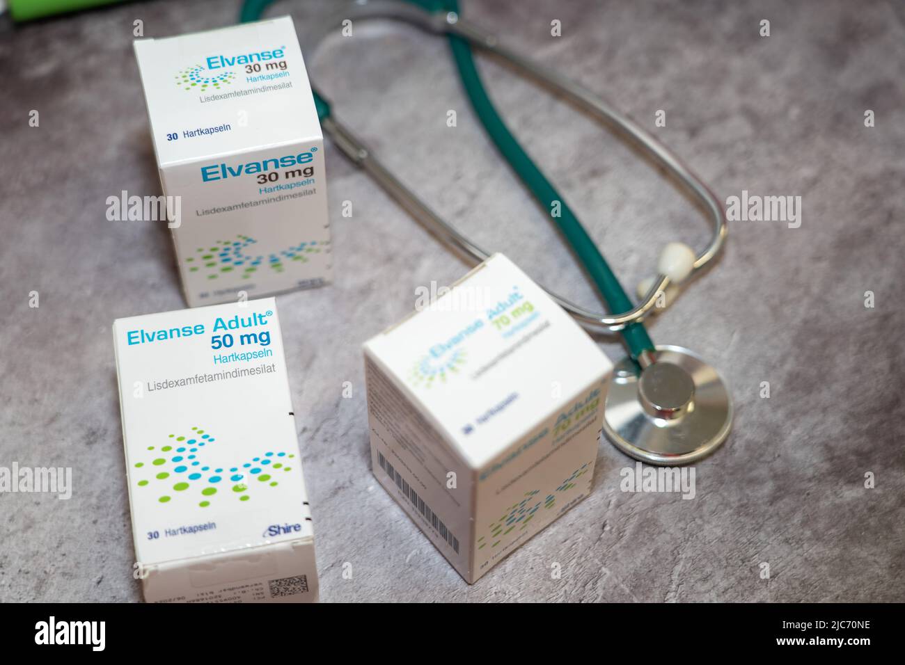 Drug box of Elvanse containing Lisdexamfetamine for treatment of ...