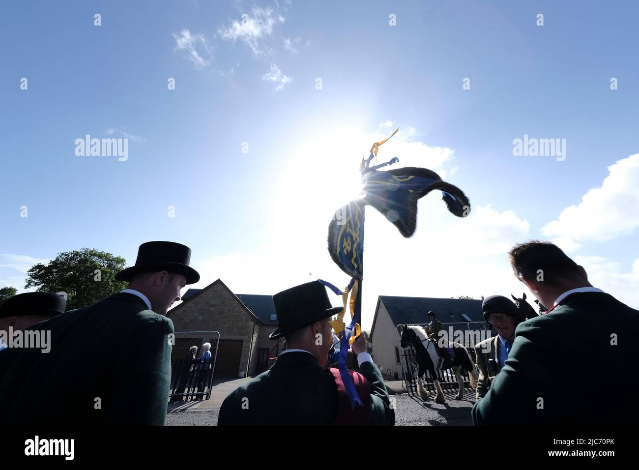 Hawick, UK. , . With the Bussed banner blue blowing in the wind ...