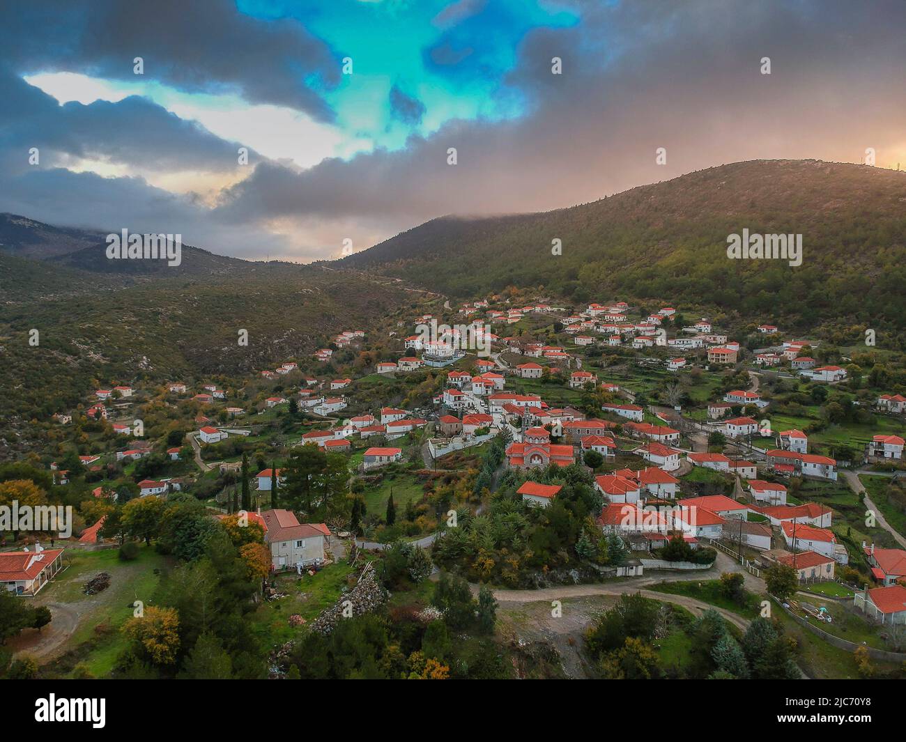 Aerial panoramic view of the picturesque mountainous village Kremasti ...