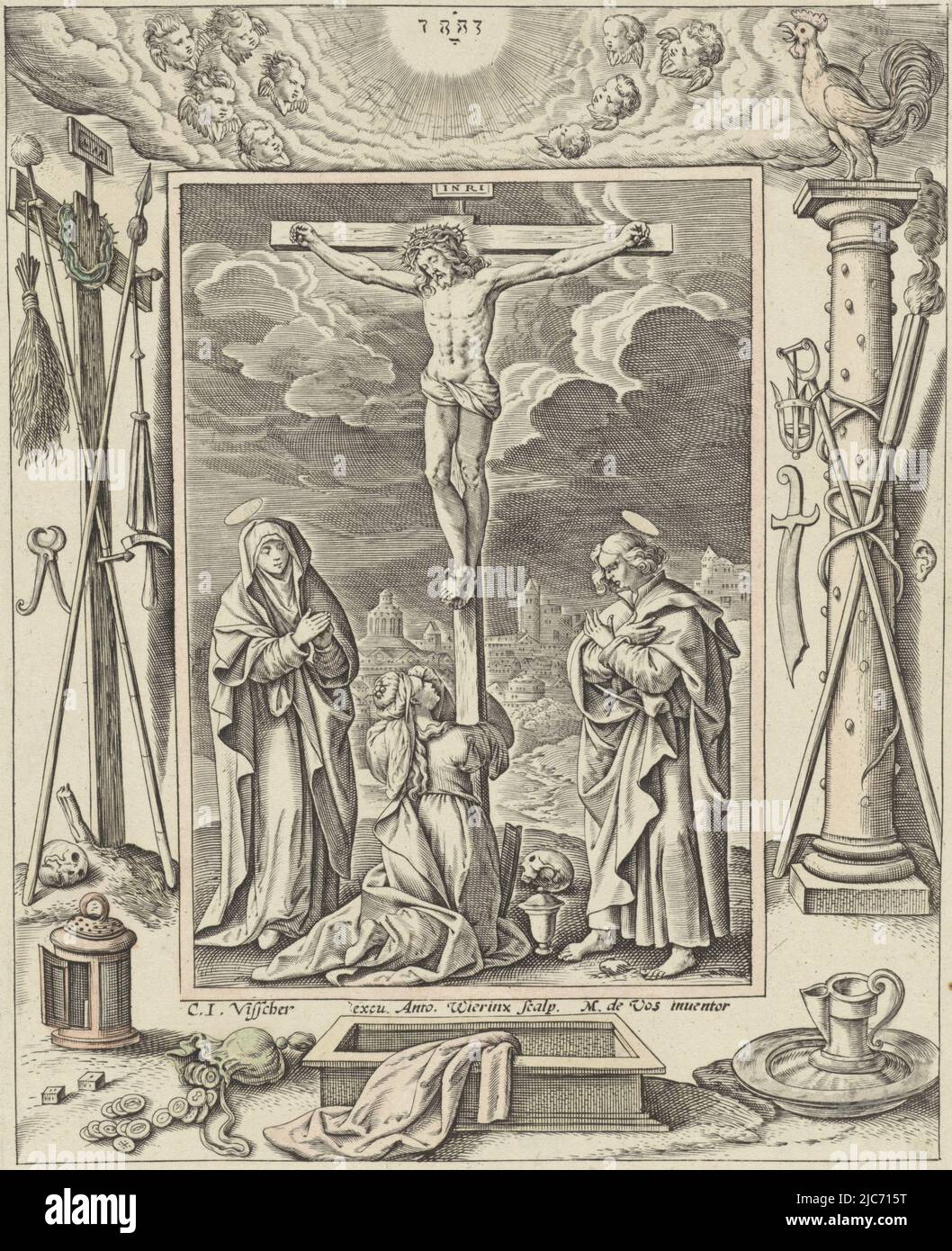 The death on the cross of Christ on Mount Golgotha. Below the cross are ...