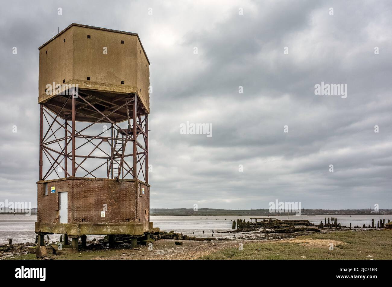 East Tilbury Radar Tower, WW2 building on the Thames Estuary in Essex ...