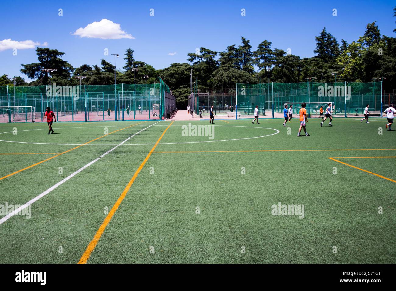 Madrid, Spain. June 1, 2022. Soccer field with green grass, markings ...