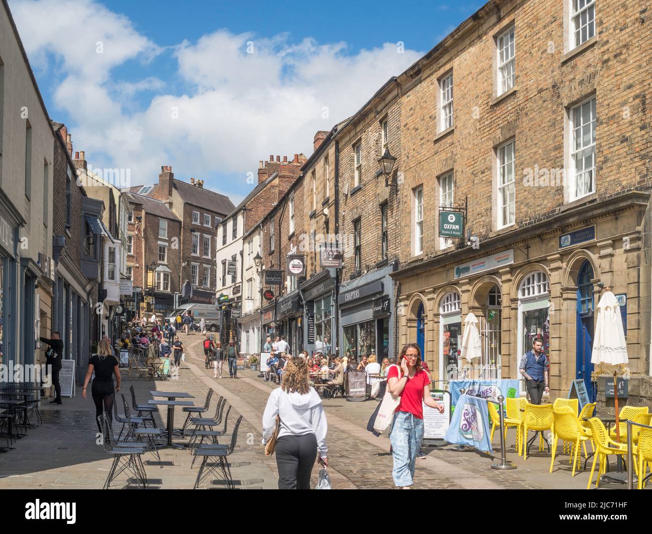People walking along Elvet Bridge in Durham city centre, Co. Durham ...