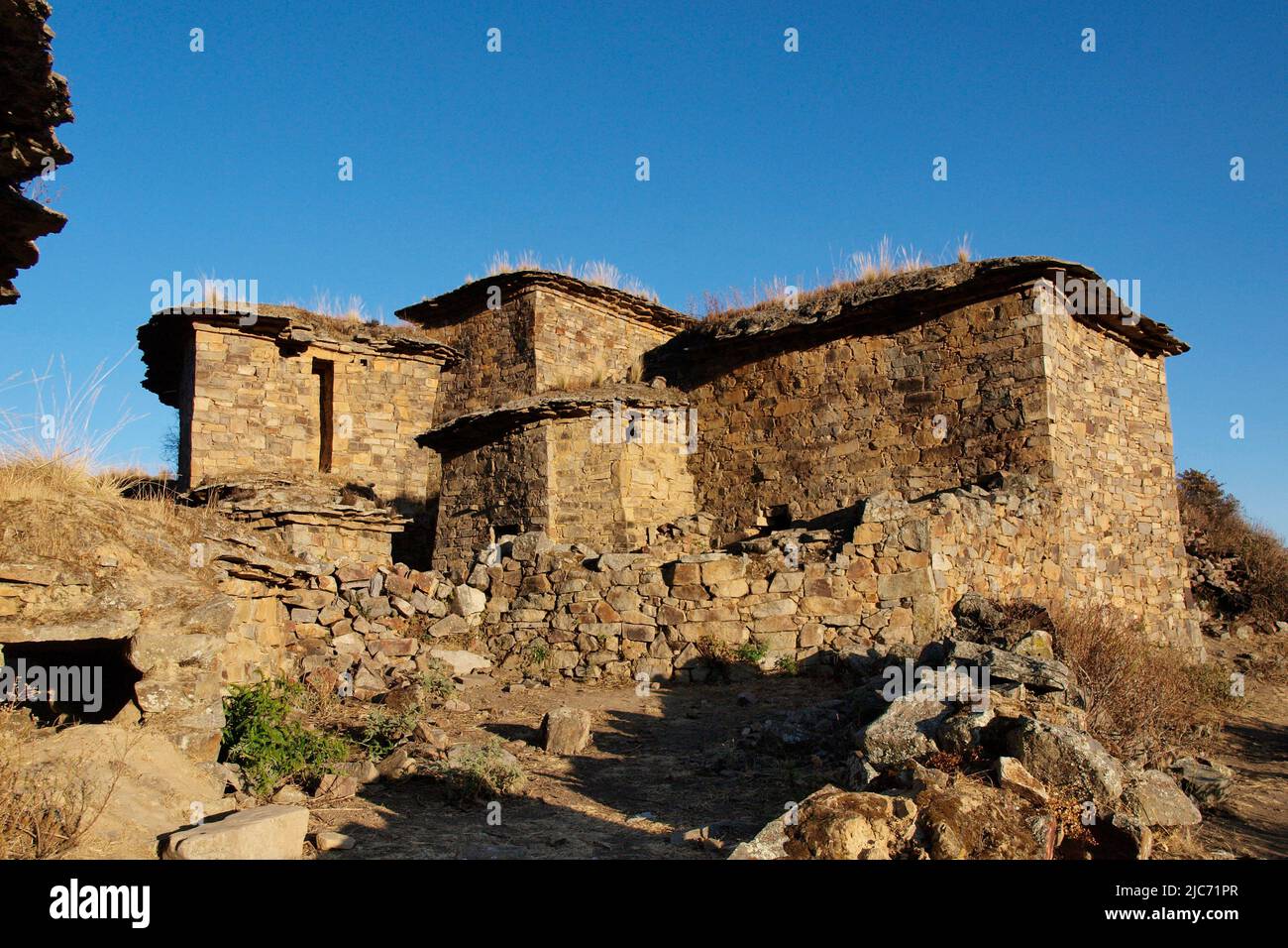 Ruins of the stone citadel of Rupac in the Peruvian Andes. The ...
