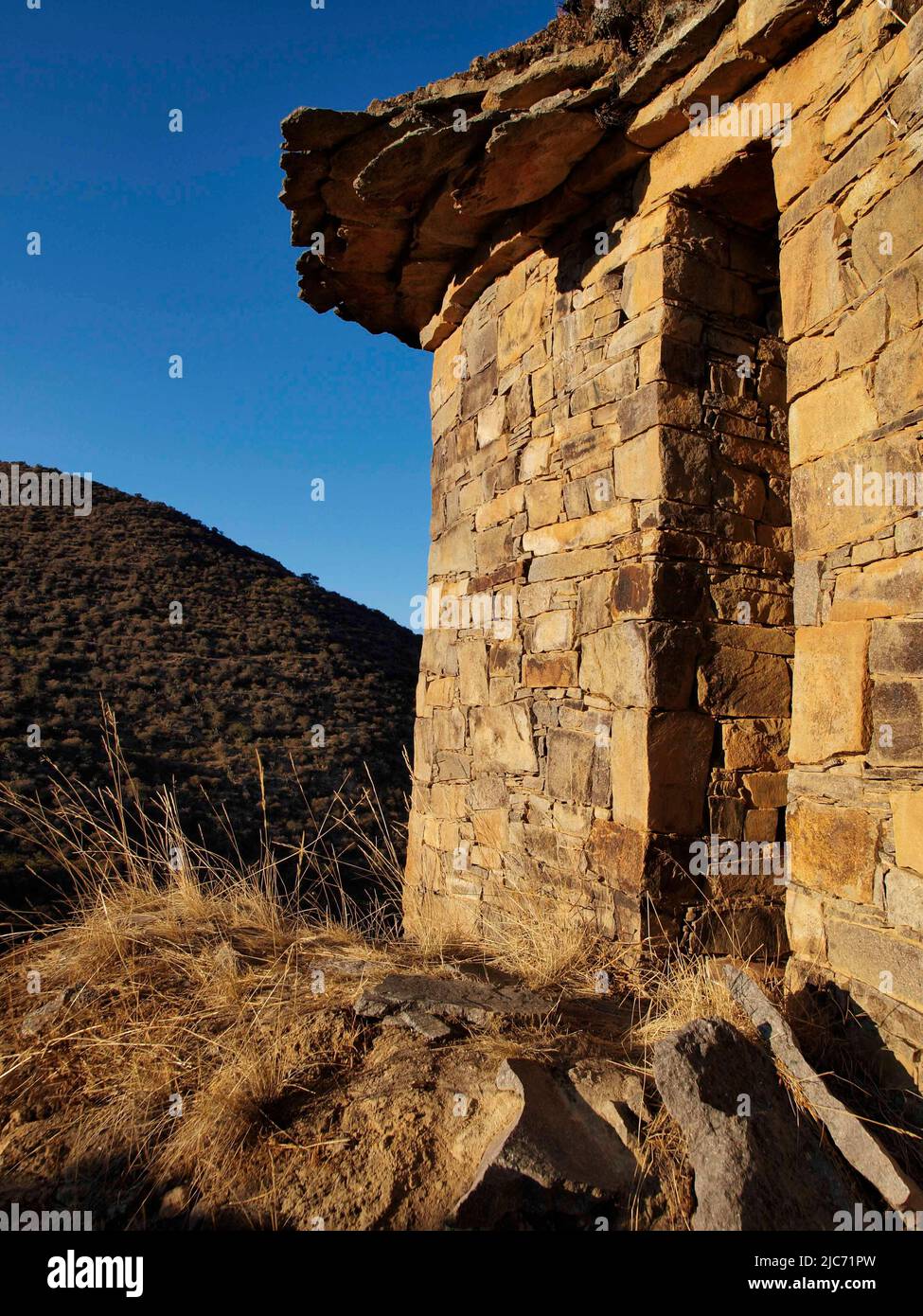 Eaves of the ruins of the stone citadel of Rupac in the Peruvian Andes ...