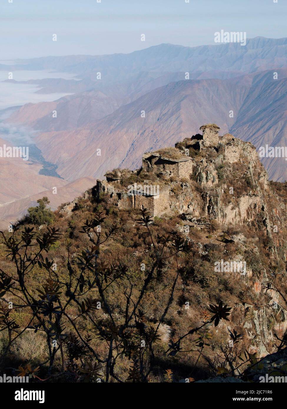 Ruins of the stone citadel of Rupac in the Peruvian Andes. The ...