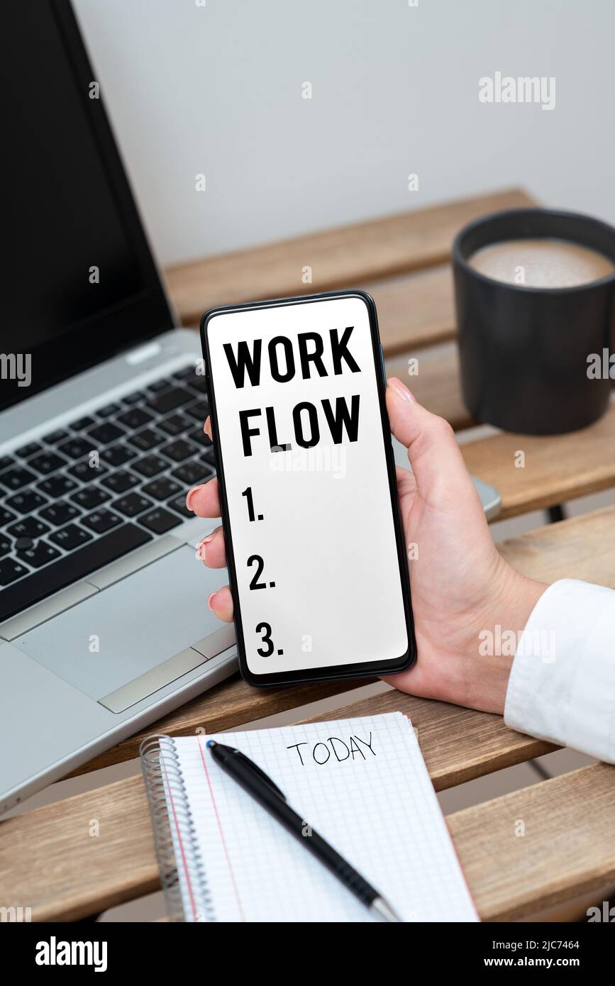 Hand writing sign Work Flow. Internet Concept Continuity of a certain task to and from an office ...