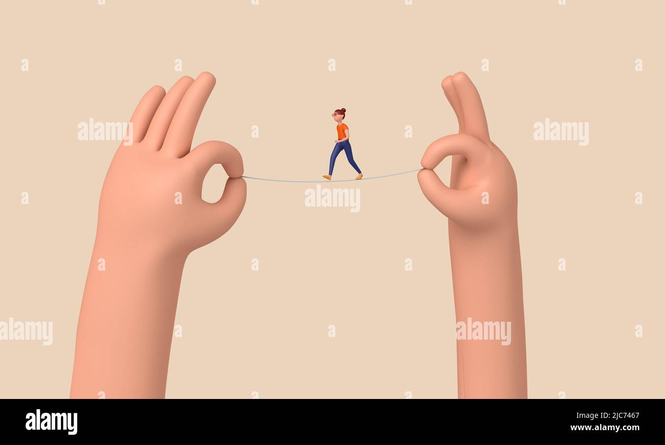 Person balancing on a tightrope held between two hands. 3D Rendering ...