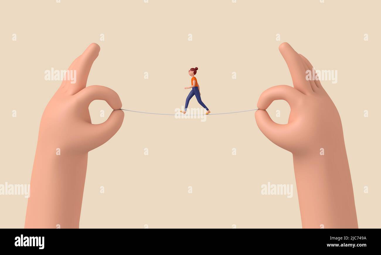 Person balancing on a tightrope held between two hands. 3D Rendering ...