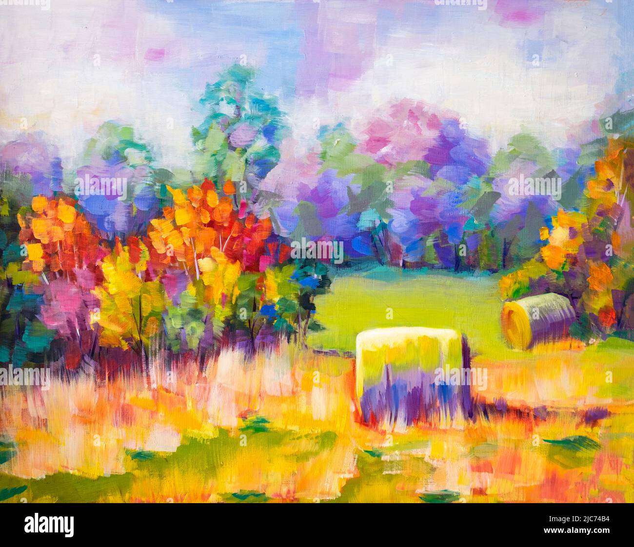 Autumn landscape with haystack . Colorful oil painting impressionism ...