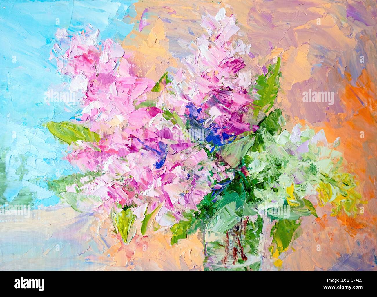 Spring flower bouquet in glass vase. Oil painting on canvas ...
