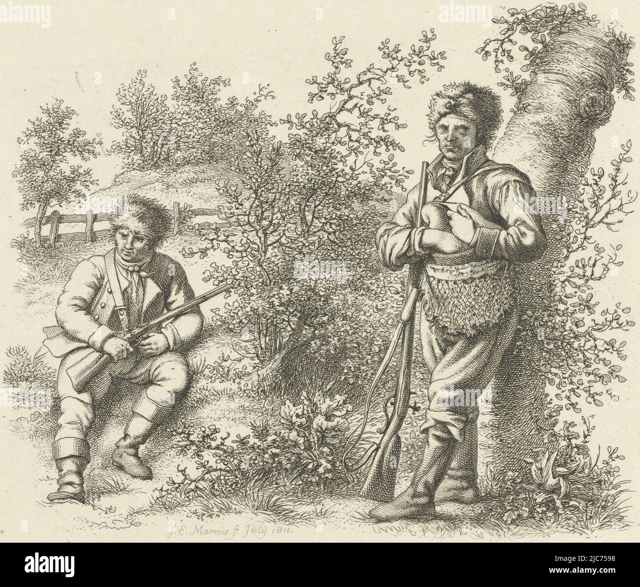 A standing hunter leaning against a tree and a seated hunter with his ...