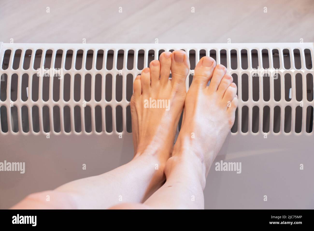 female legs on a battery at home, heating season, warm legs on an ...