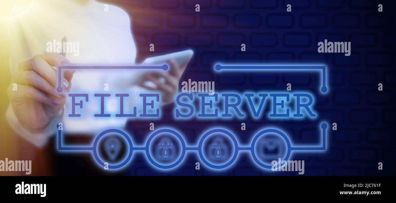 Hand writing sign File Server. Business concept device which controls access to separately ...