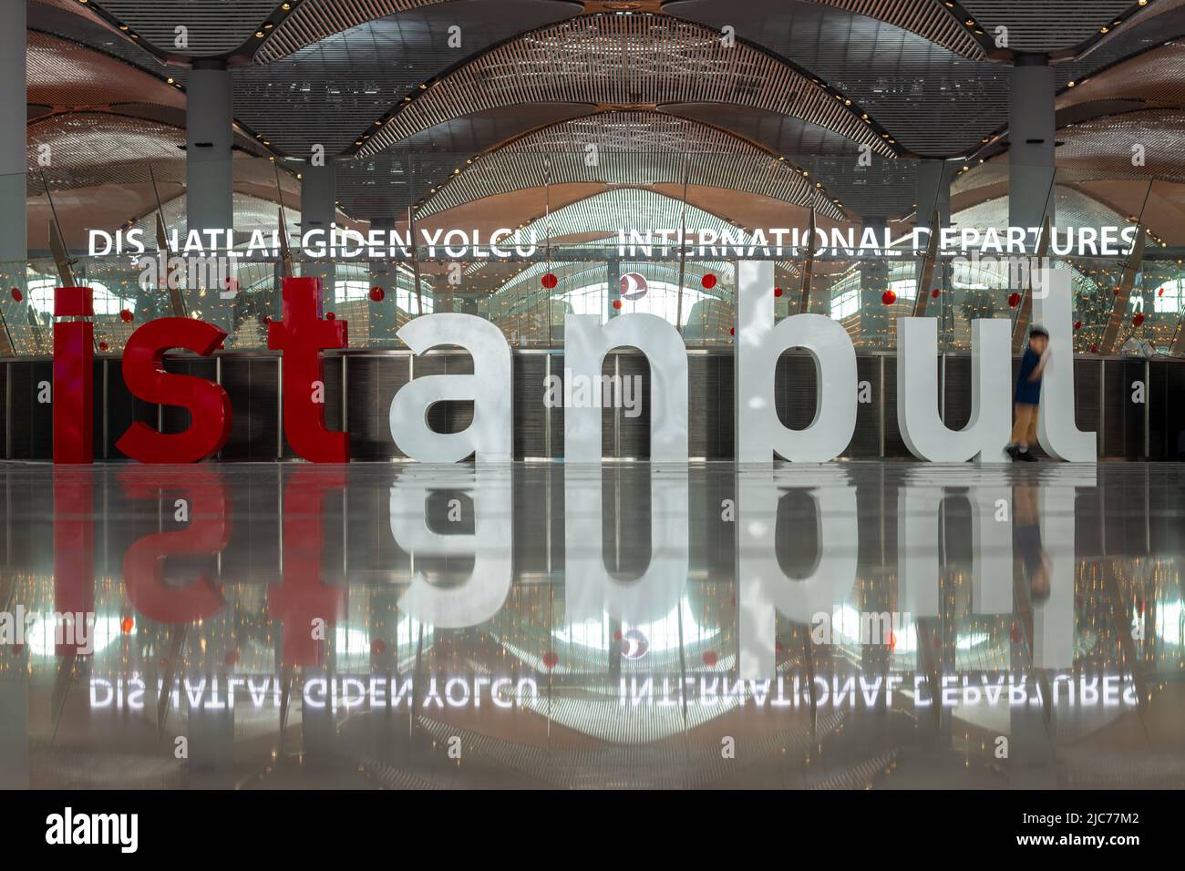 Istanbul Airport sign inside the international departures terminal ...