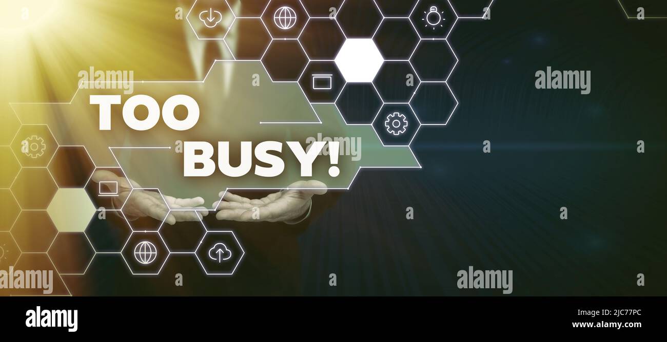 Text sign showing Too Busy. Business idea No time to relax no idle time ...