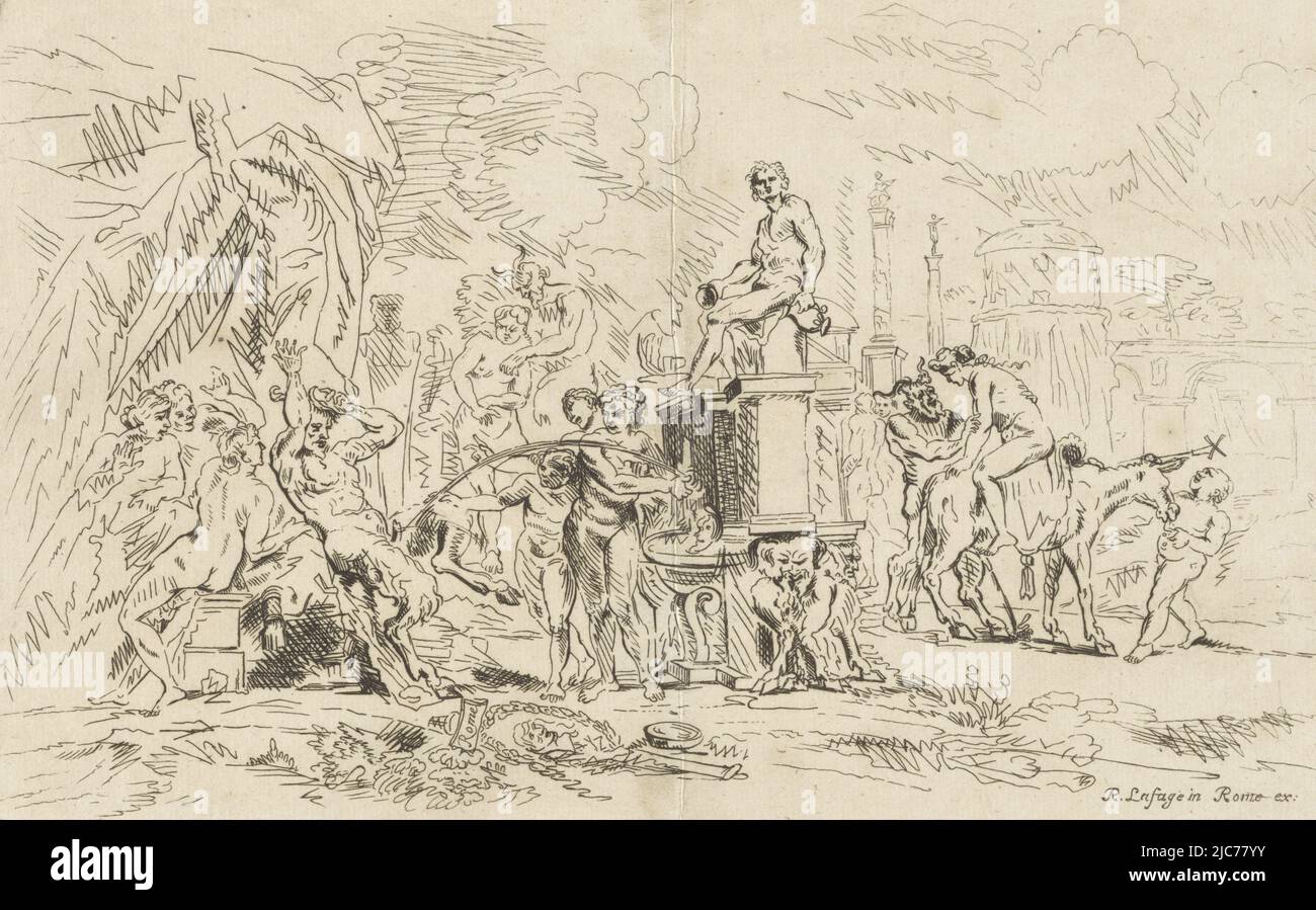 In the center, a statue of Bacchus on a fountain. To the left several ...