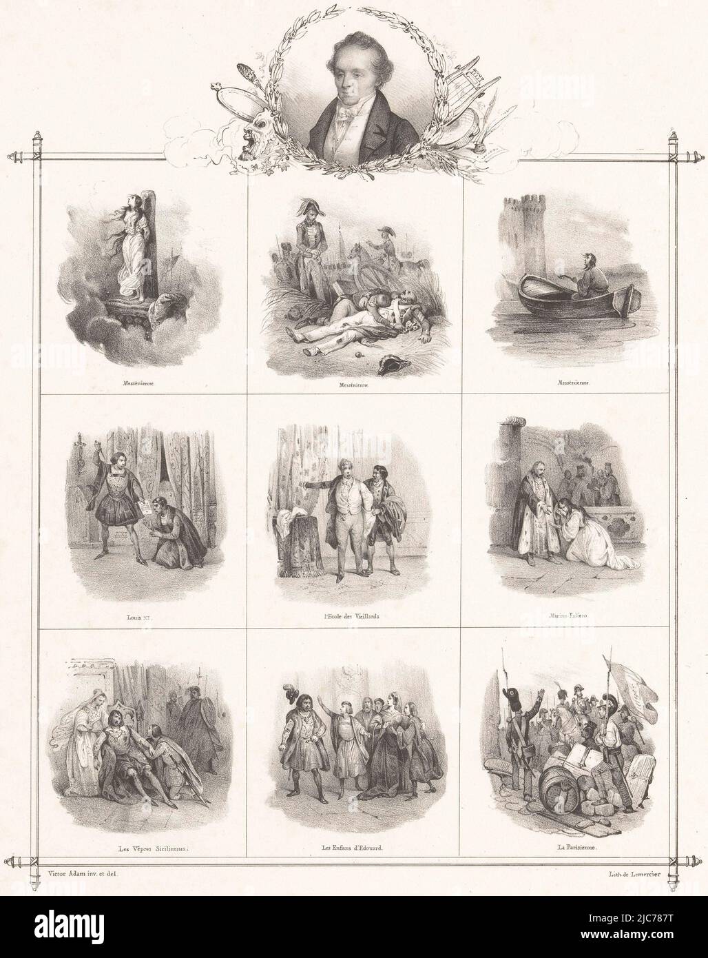 Portrait of Casimir Delavigne and nine representations from his works ...