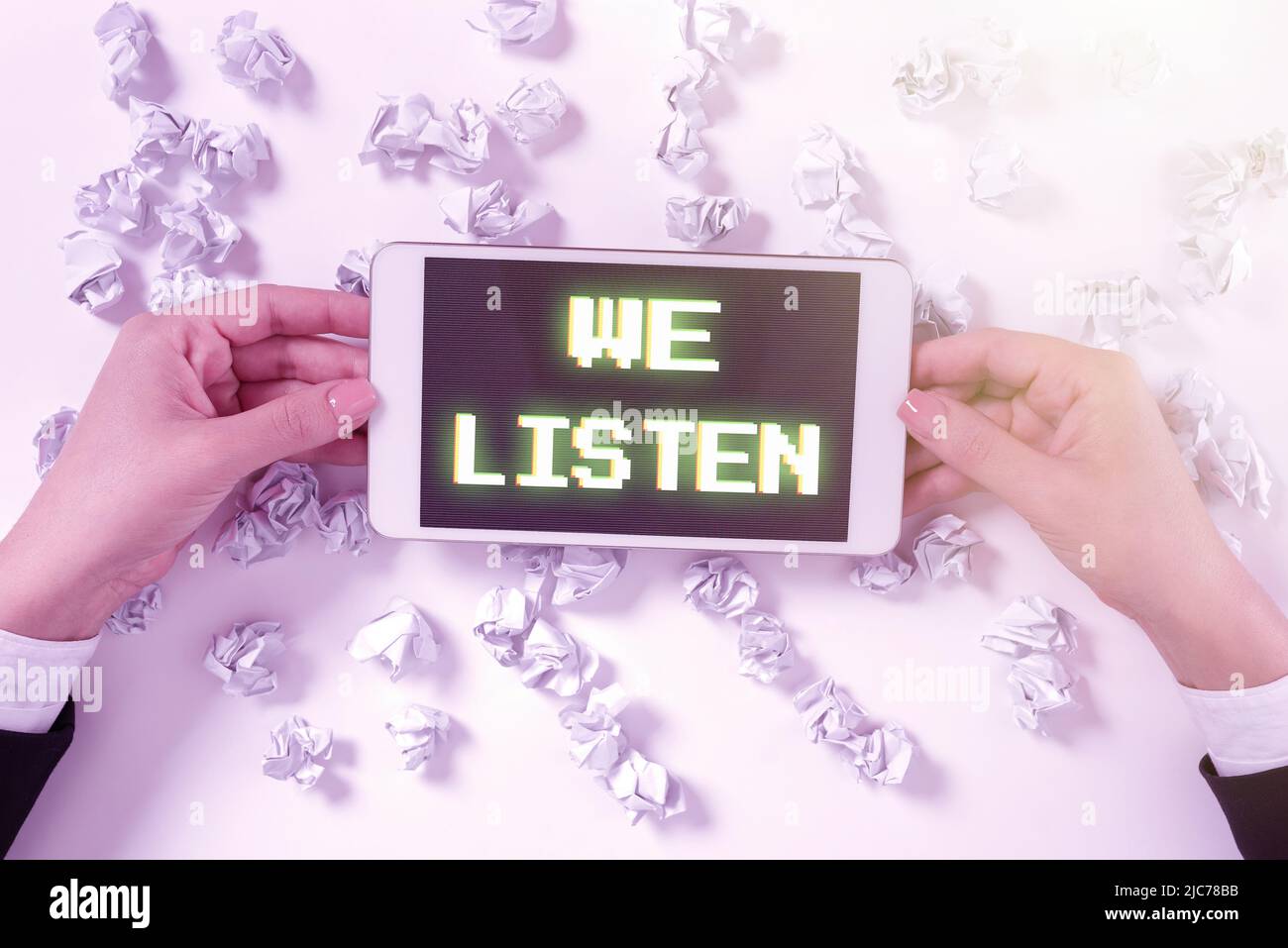 Conceptual caption We Listen. Business approach Group of showing that ...