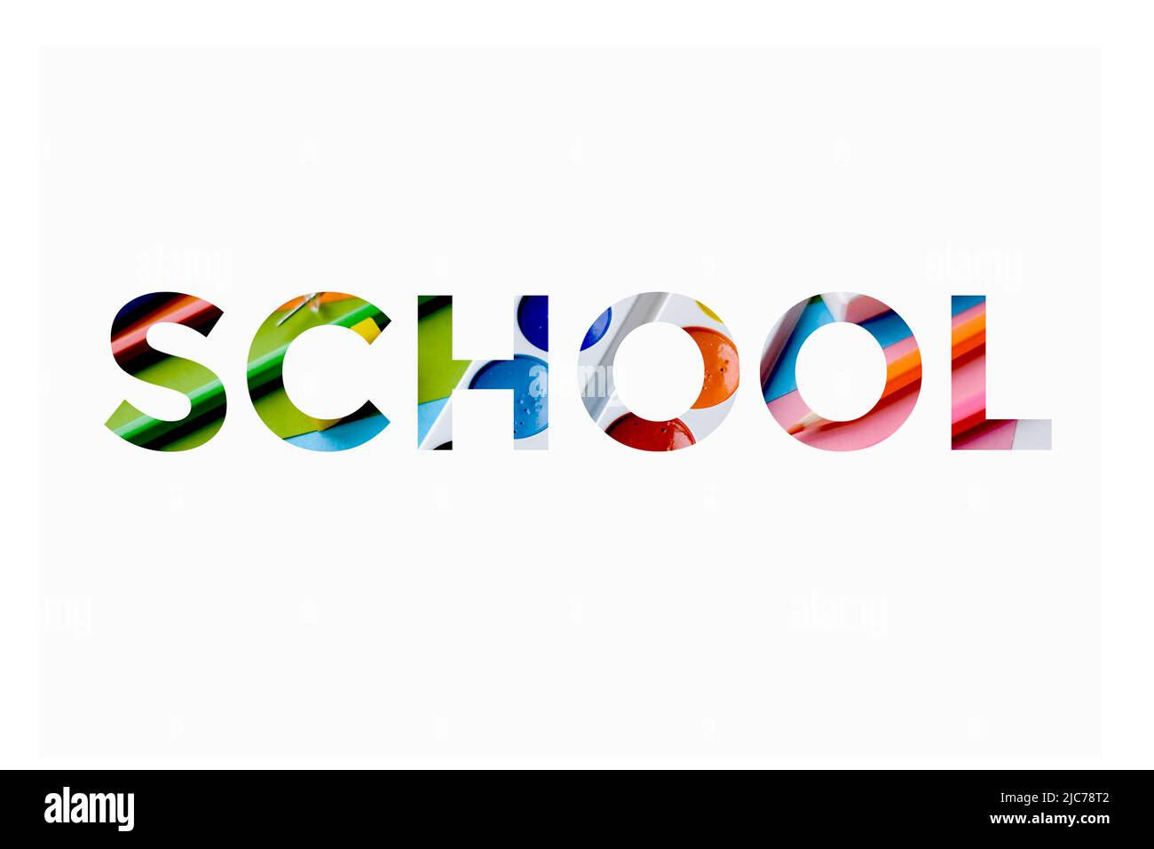 Colorful word school with images of school supplies and stationery ...