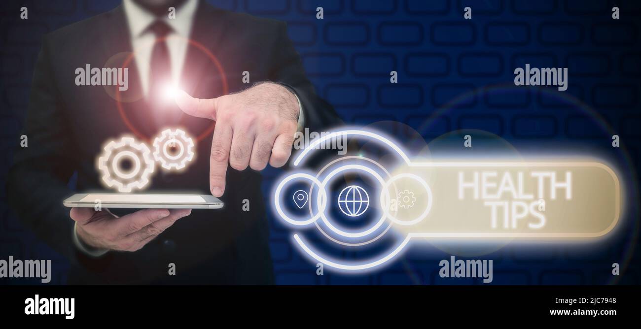 Hand writing sign Health Tips. Concept meaning state of complete ...