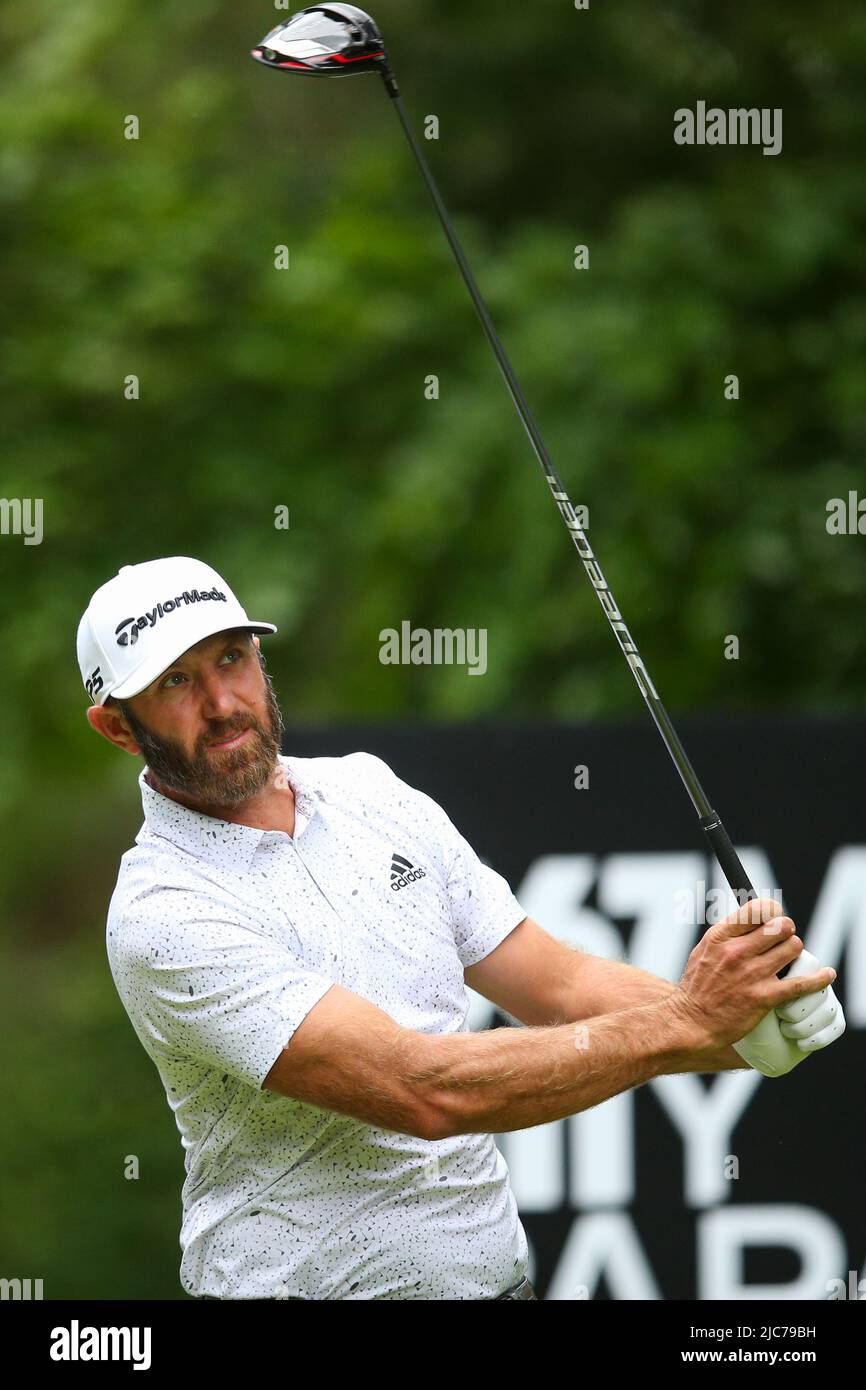 ST ALBANS, ENGLAND - JUNE 09: Dustin Johnson of the United States tees ...