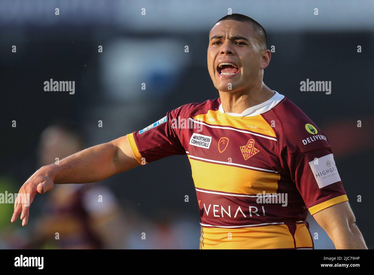 Tui Lolohea #6 of Huddersfield Giants gestures and reacts during the ...