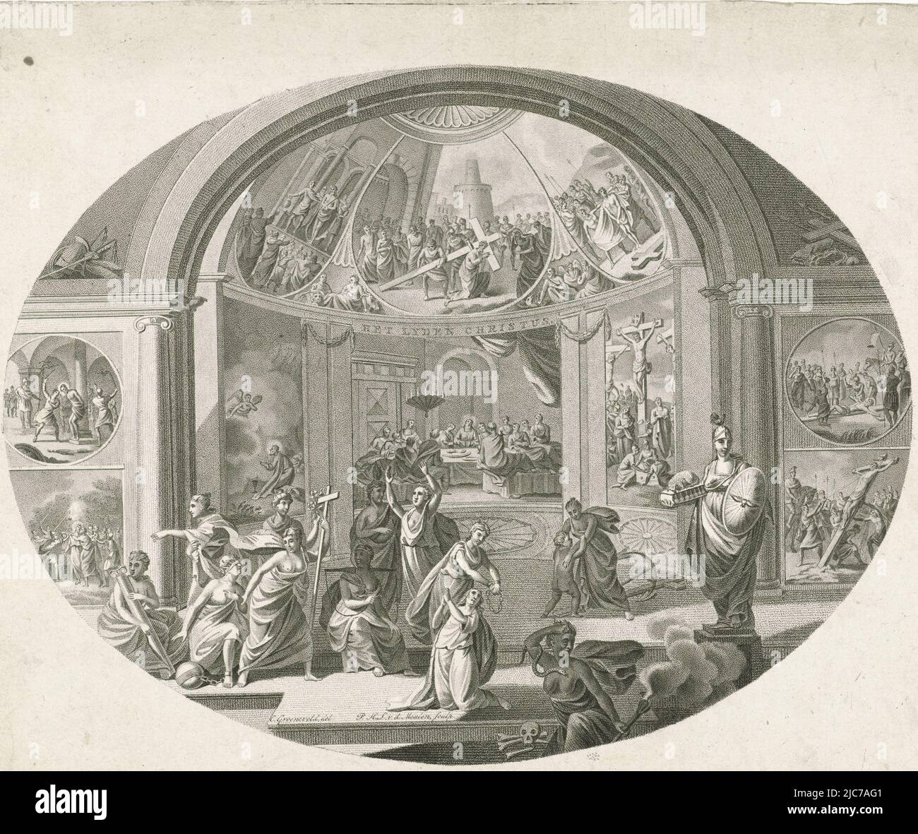 In an architectural space, the walls depict scenes from the Passion of ...