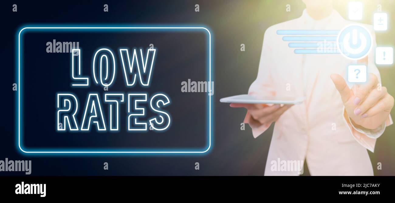 Text showing inspiration Low Rates. Conceptual photo A cost of an item ...