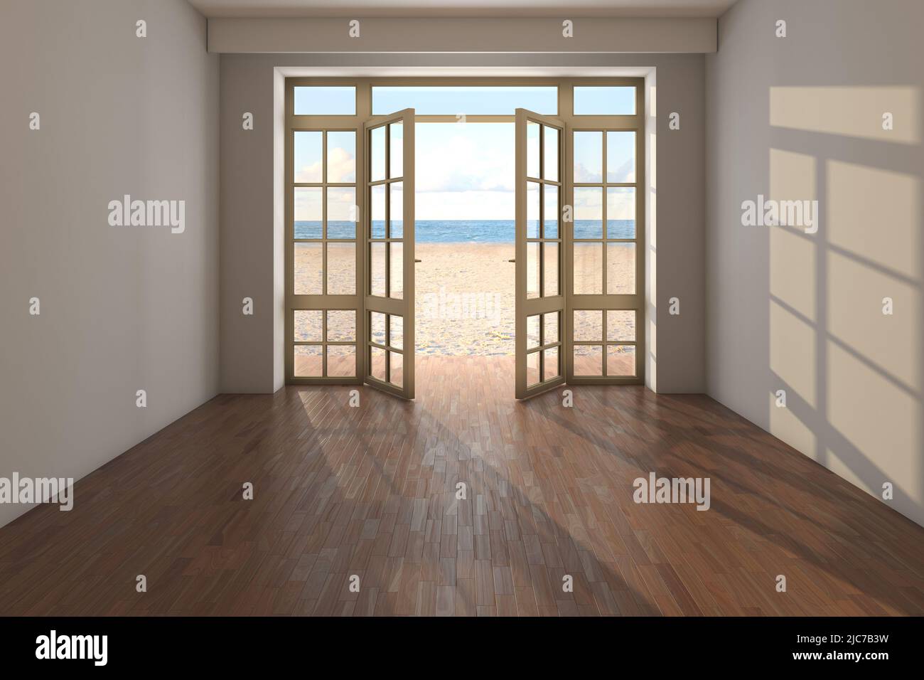 Empty Room with Sea View near the Beach. Empty Interior with Open Doors ...