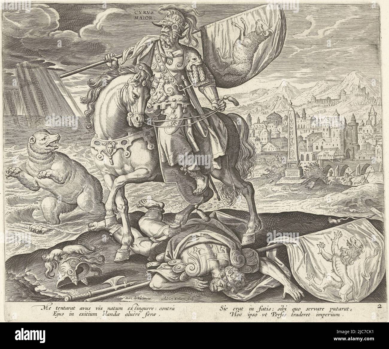 Cyrus II, King of Persia sits on a horse, in his hand a flag depicting ...