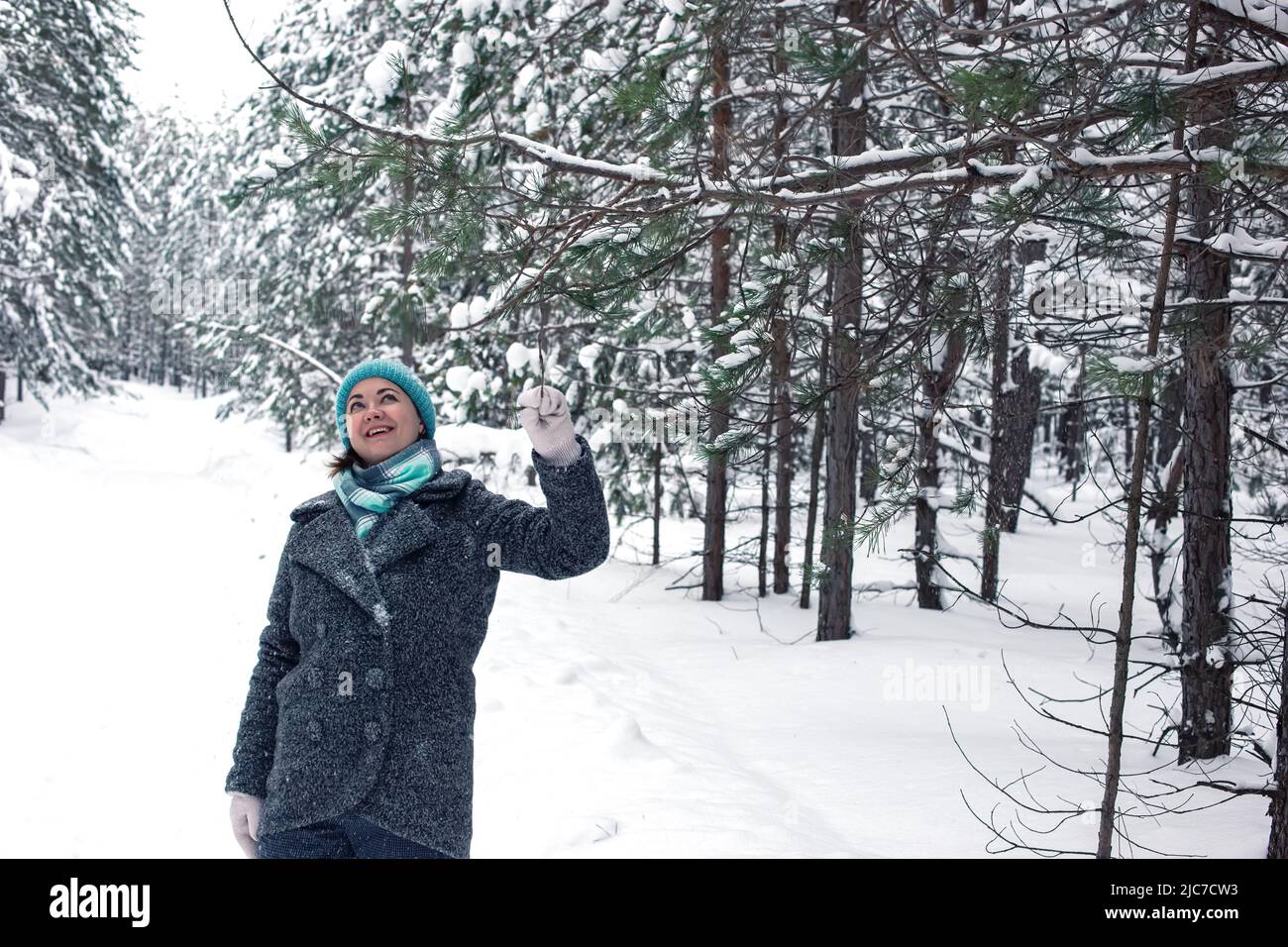 A woman enjoys a winter, frosty day, a walk in a pine forest Stock ...