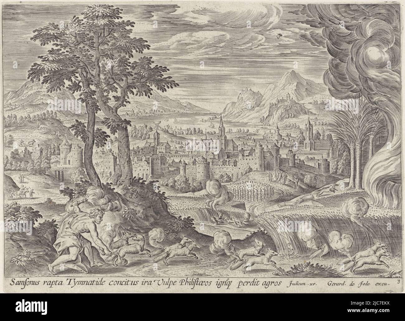 Samson sets fire to the Philistines' cornfields by tying foxes two by ...