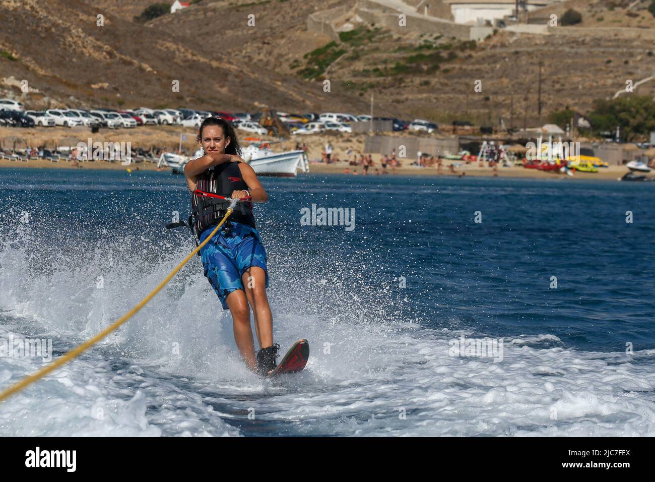 Performing Water Mono Ski Slalom at Elia Beach in Mykonos Stock Photo ...
