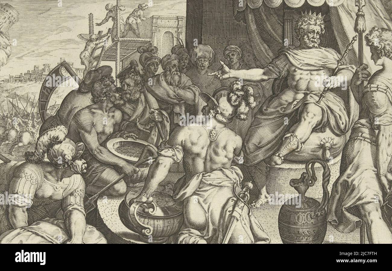 Several people bring their treasures to the king sitting on his throne ...