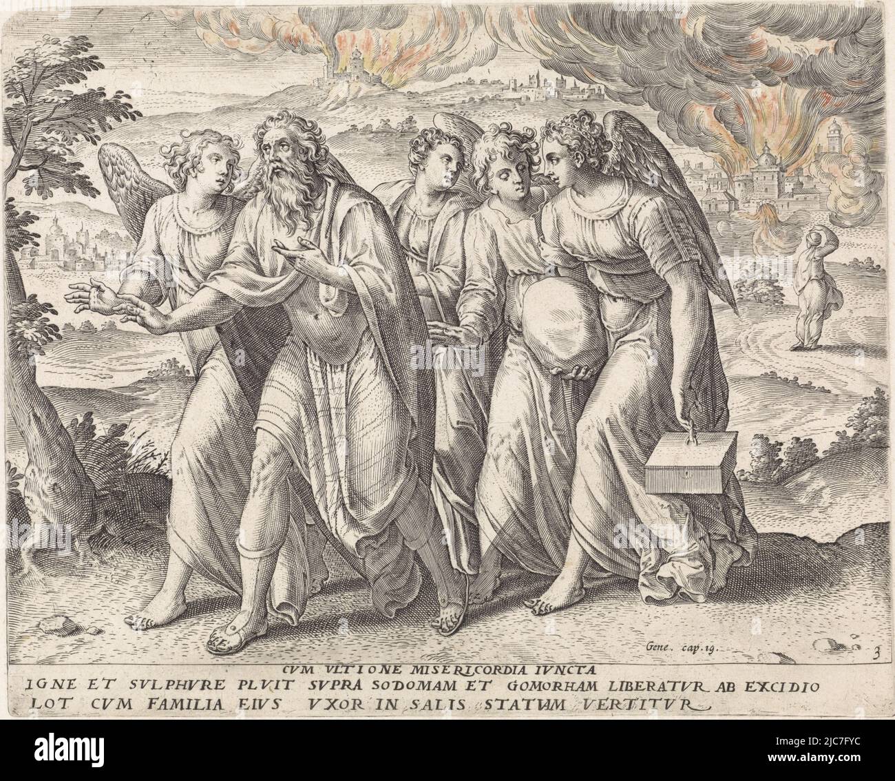 Lot leaves the city of Sodom with his daughters. Two angels show them ...