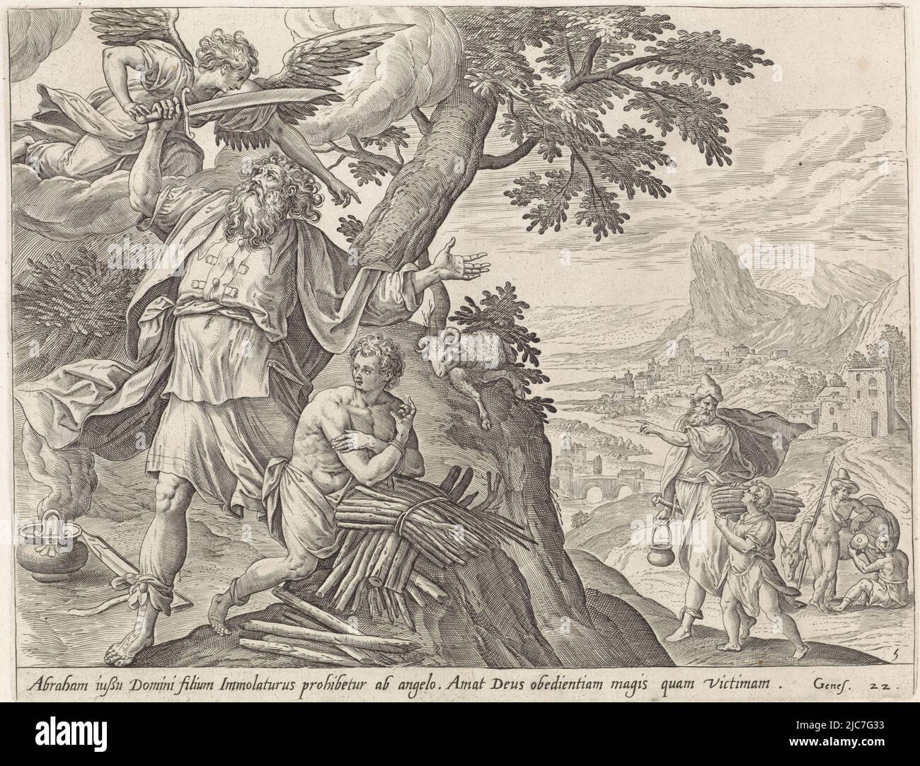 Abraham raises his knife to sacrifice his son Isaac, but an angel stops ...