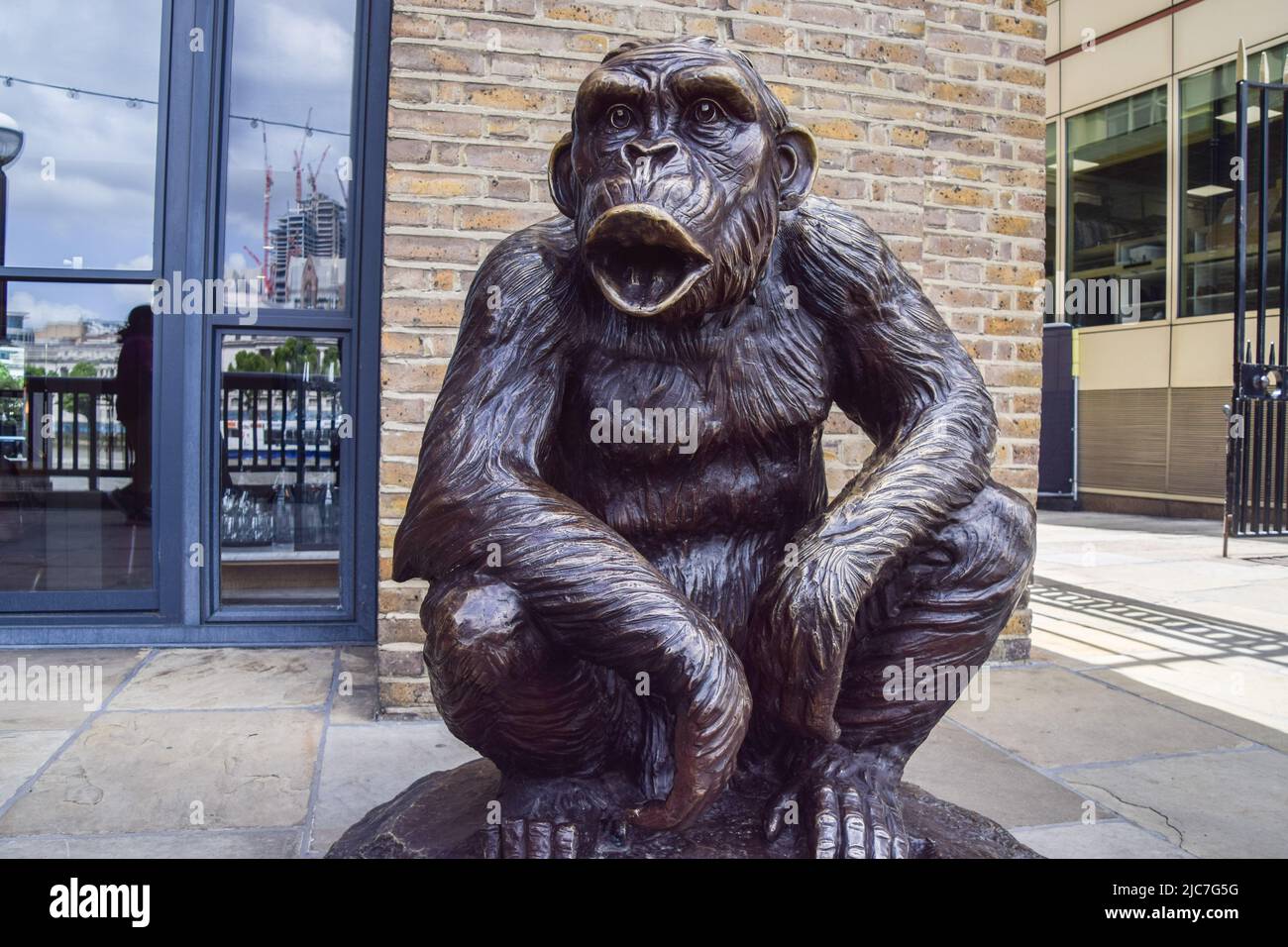 A chimpanzee sculpture is seen on The Queen's Walk promenade. 'Chimps ...